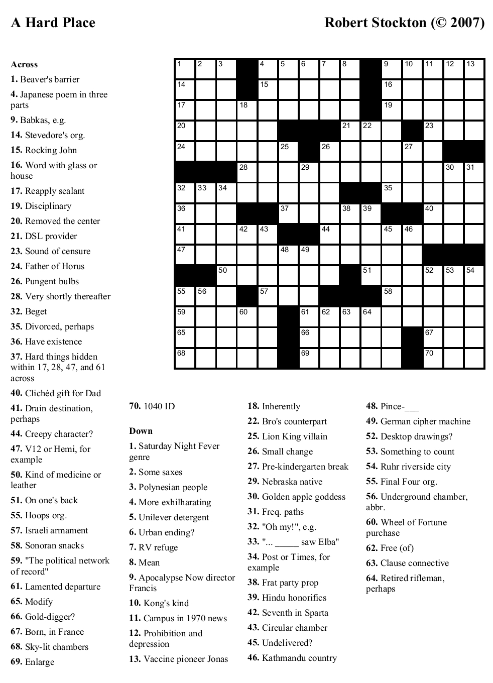 Printable Hard Crossword Puzzles