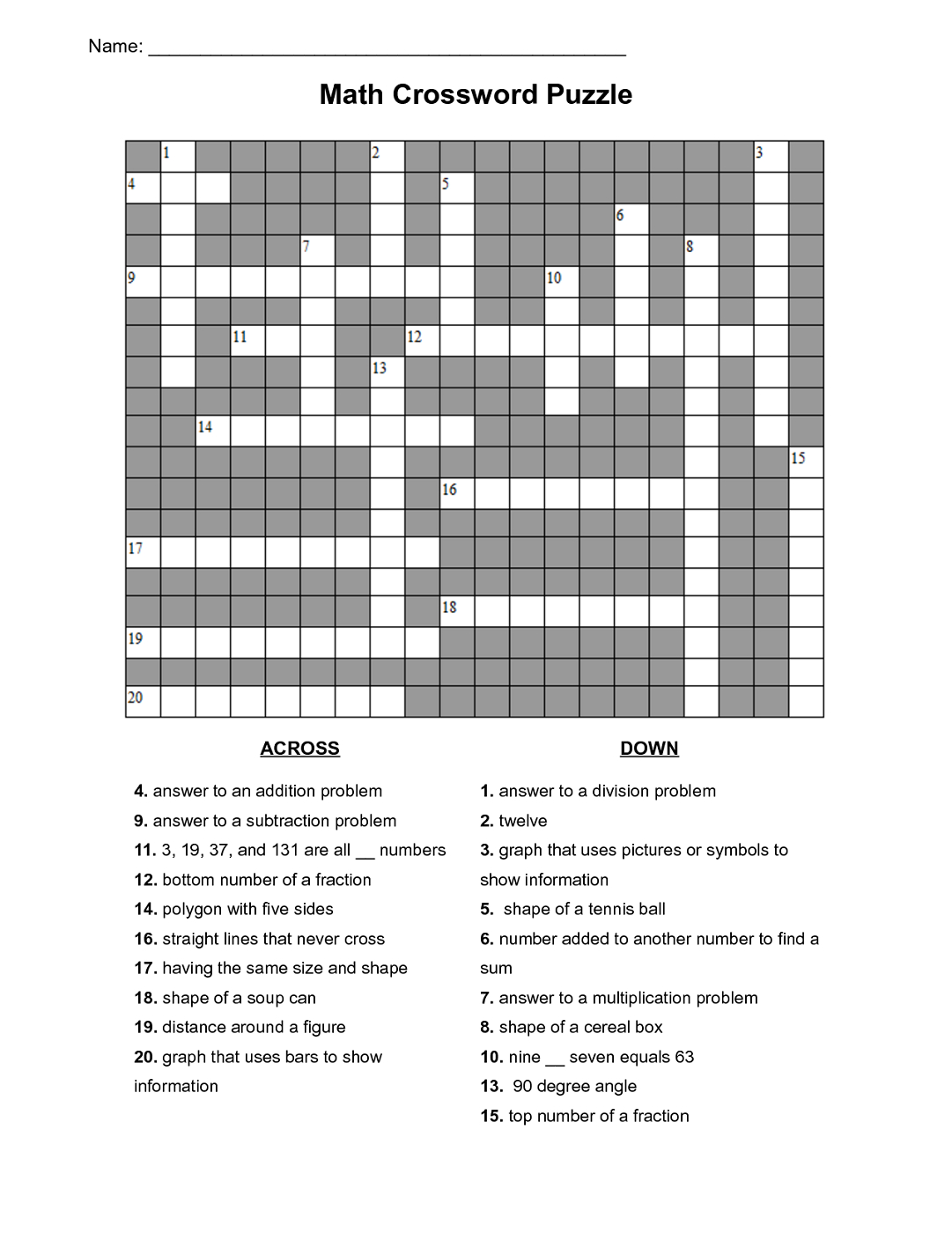 Printable Math Crossword Puzzles Printable Crossword Puzzles